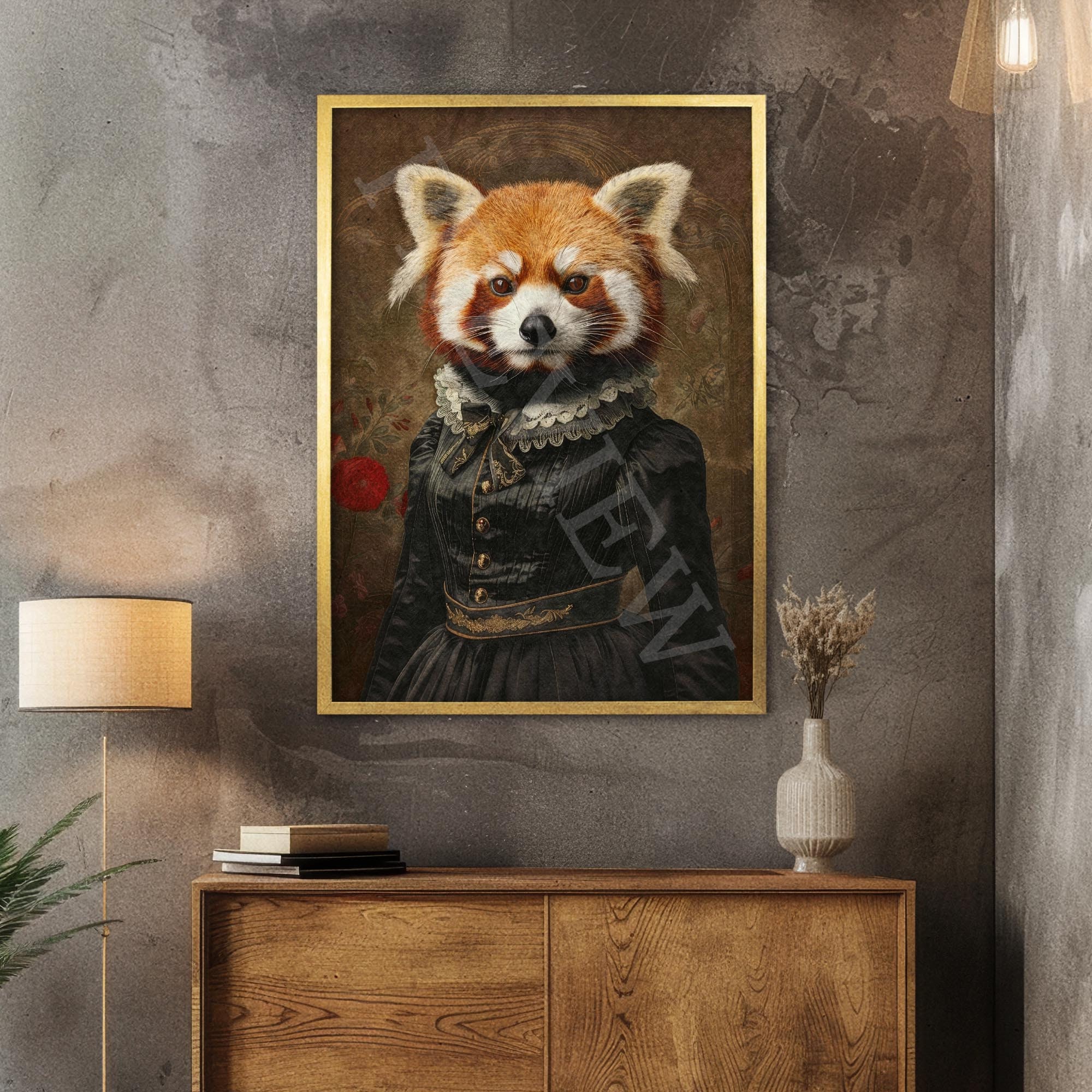 Red Panda Lady Wall Art Print // Vintage Painting Style Portrait of ...