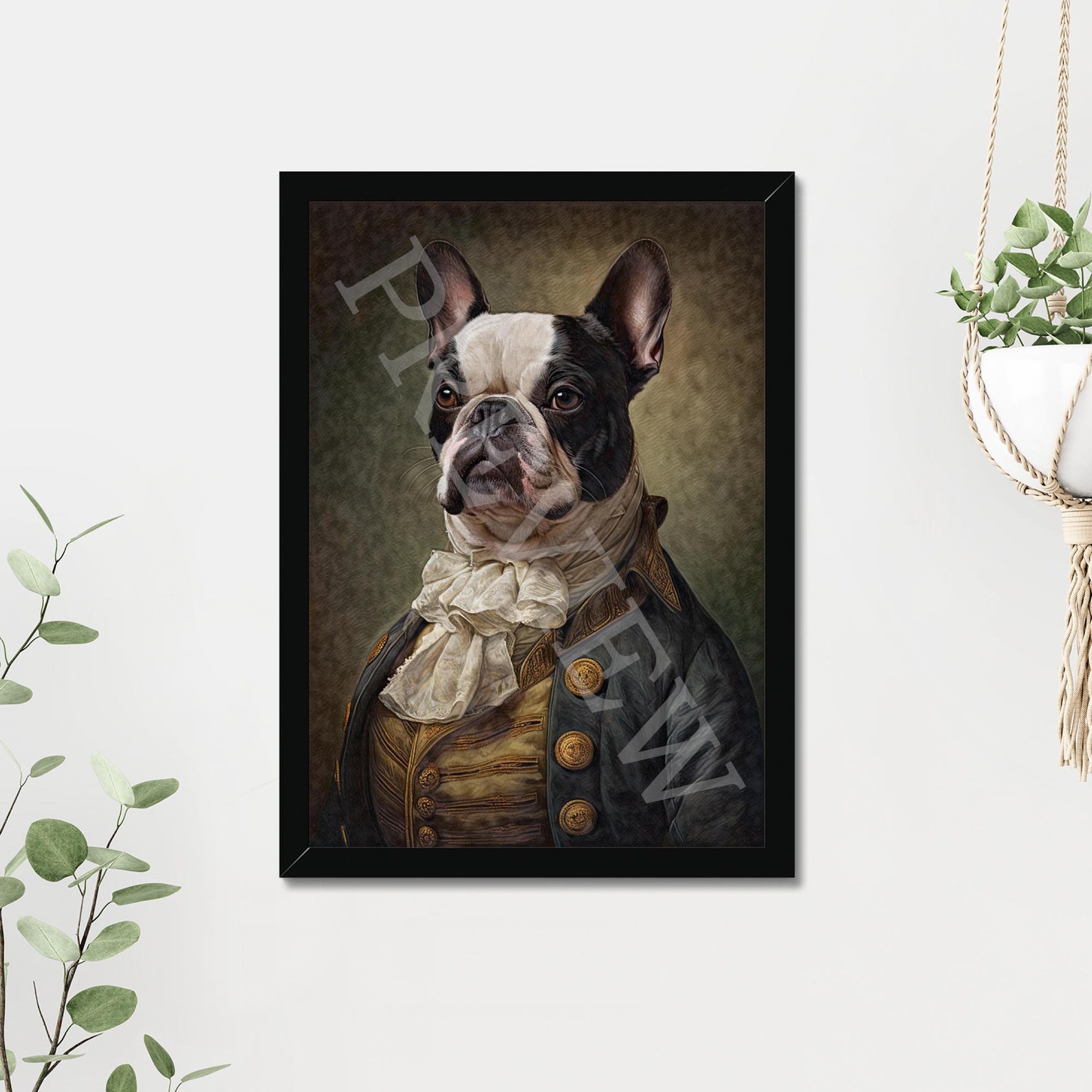 French Bulldog Wall Art Print // Black & White Frenchie Dog Wearing ...