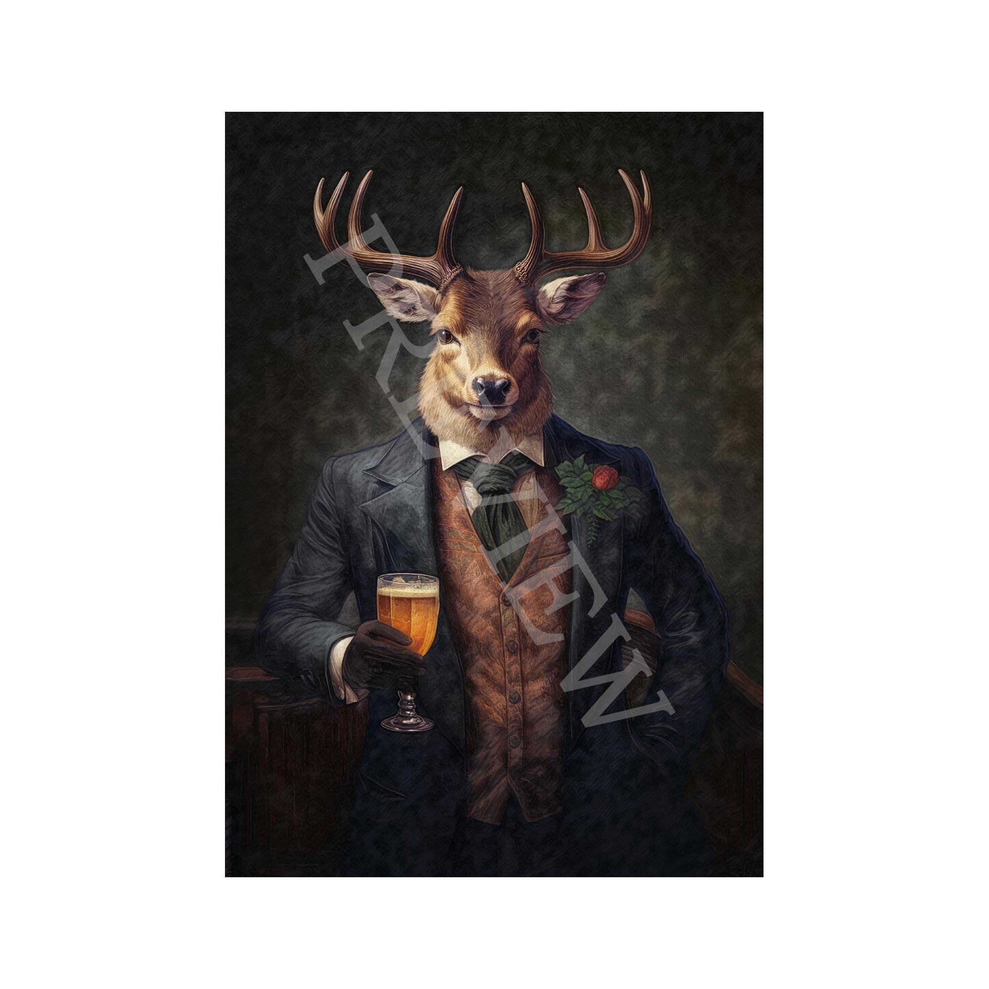 Stag Drinking Beer Wall Art Print // Vintage Painting Style Portrait of ...