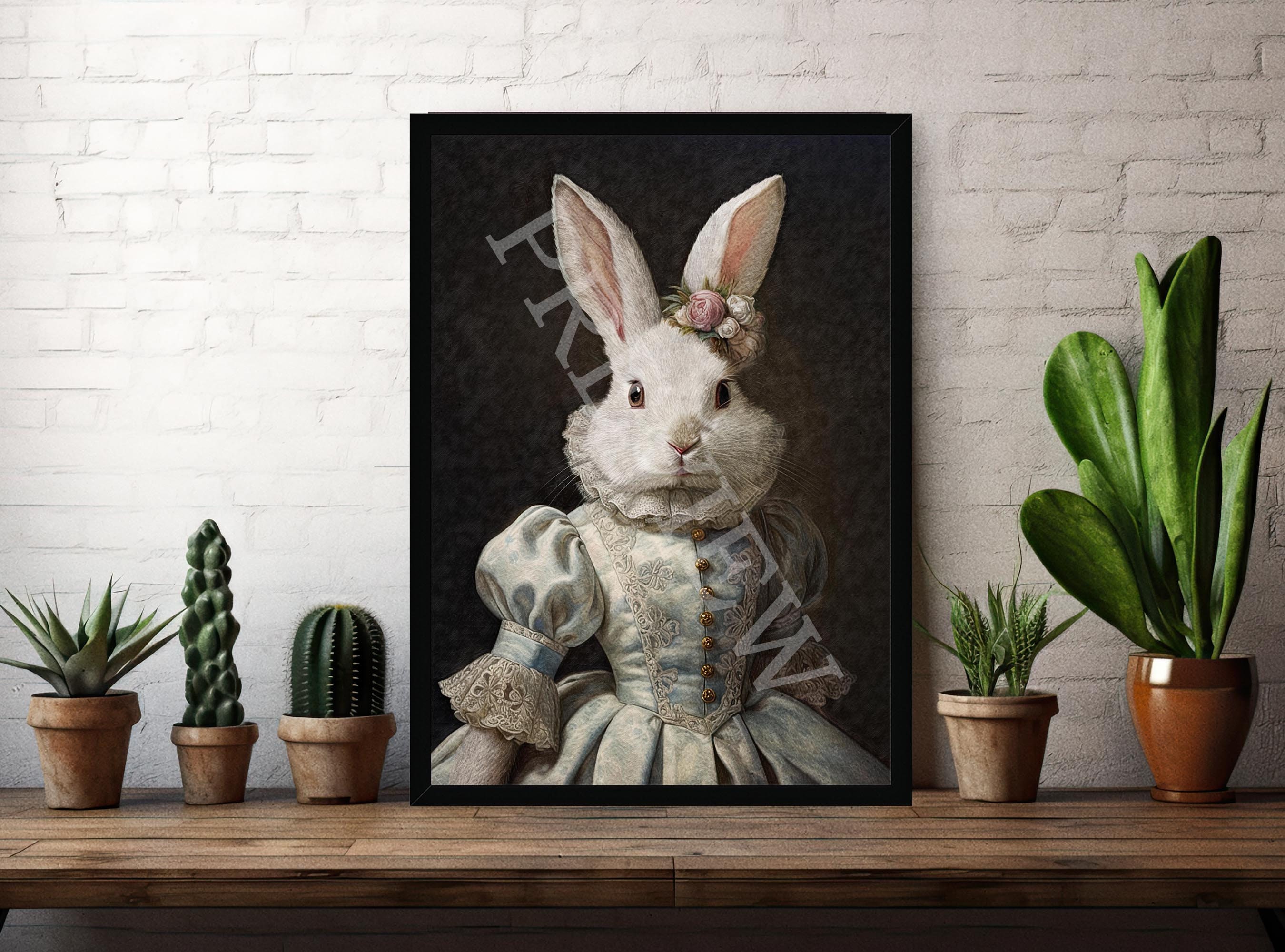 Hare & White Rabbit Wall Art Set - Vintage Painting Style Bunny Couple ...