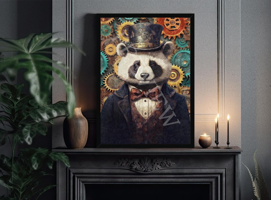 Steampunk Panda Wall Art Print // Vintage Style Portrait of Gentleman ...