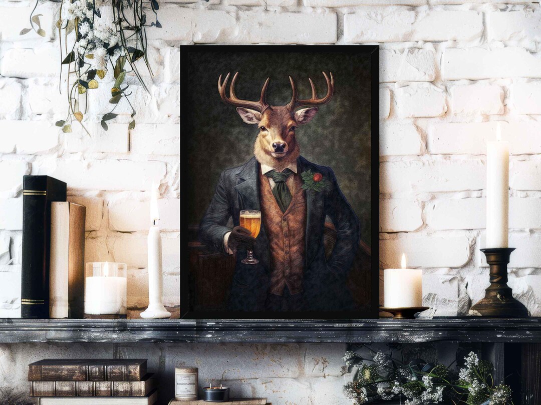Stag Drinking Beer Wall Art Print // Vintage Painting Style Portrait of ...