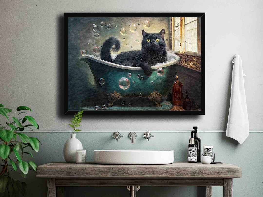Cat in Bathtub // Vintage Style Print of a Black Cat Taking a Bath With ...