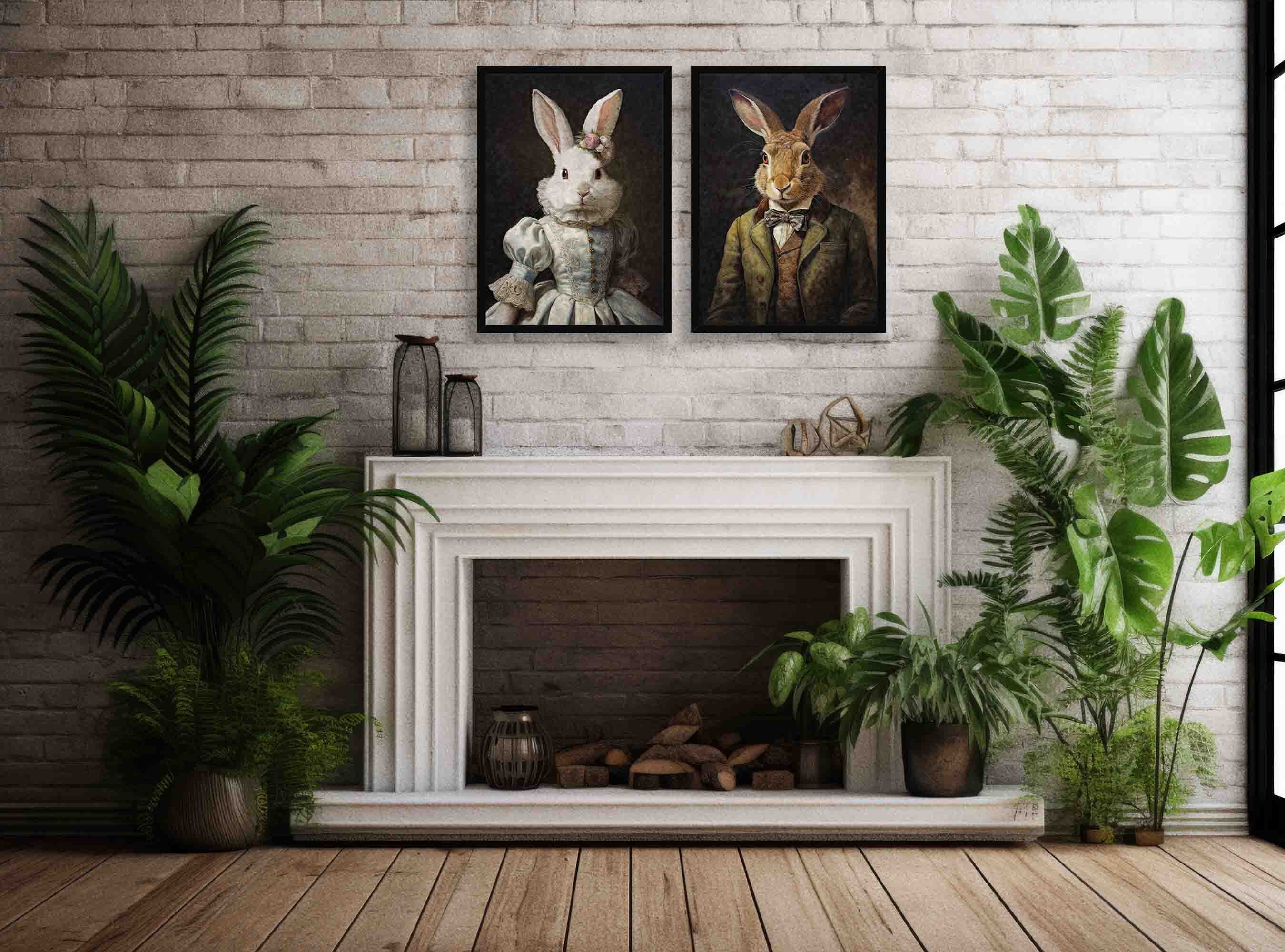 Hare & White Rabbit Wall Art Set - Vintage Painting Style Bunny Couple ...