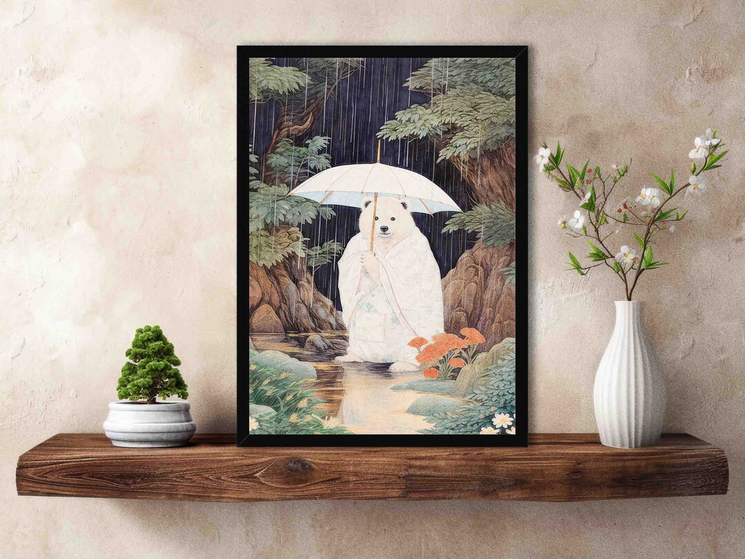 Bear in Japanese Garden Art Print / Vintage Woodblock Painting Style ...