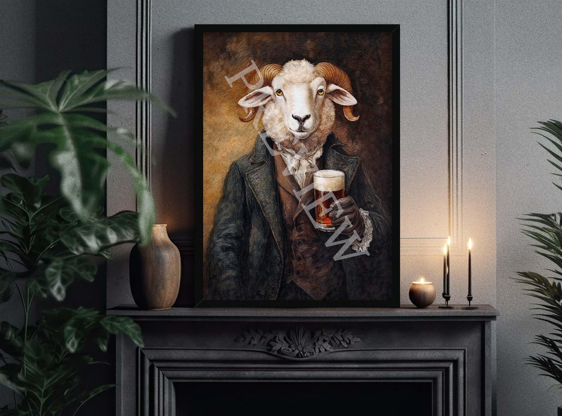 Ram Drinking Beer Wall Art Print // Vintage Painting Style Portrait of ...