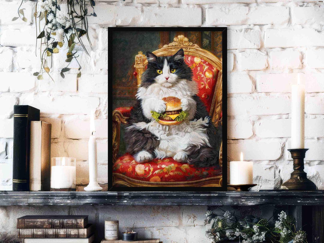 Cat With Cheeseburger Wall Art Print // Vintage Painting Style Poster ...