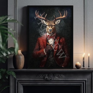 Stag With Cigar Wall Art Print // Vintage Painting Style Portrait of ...