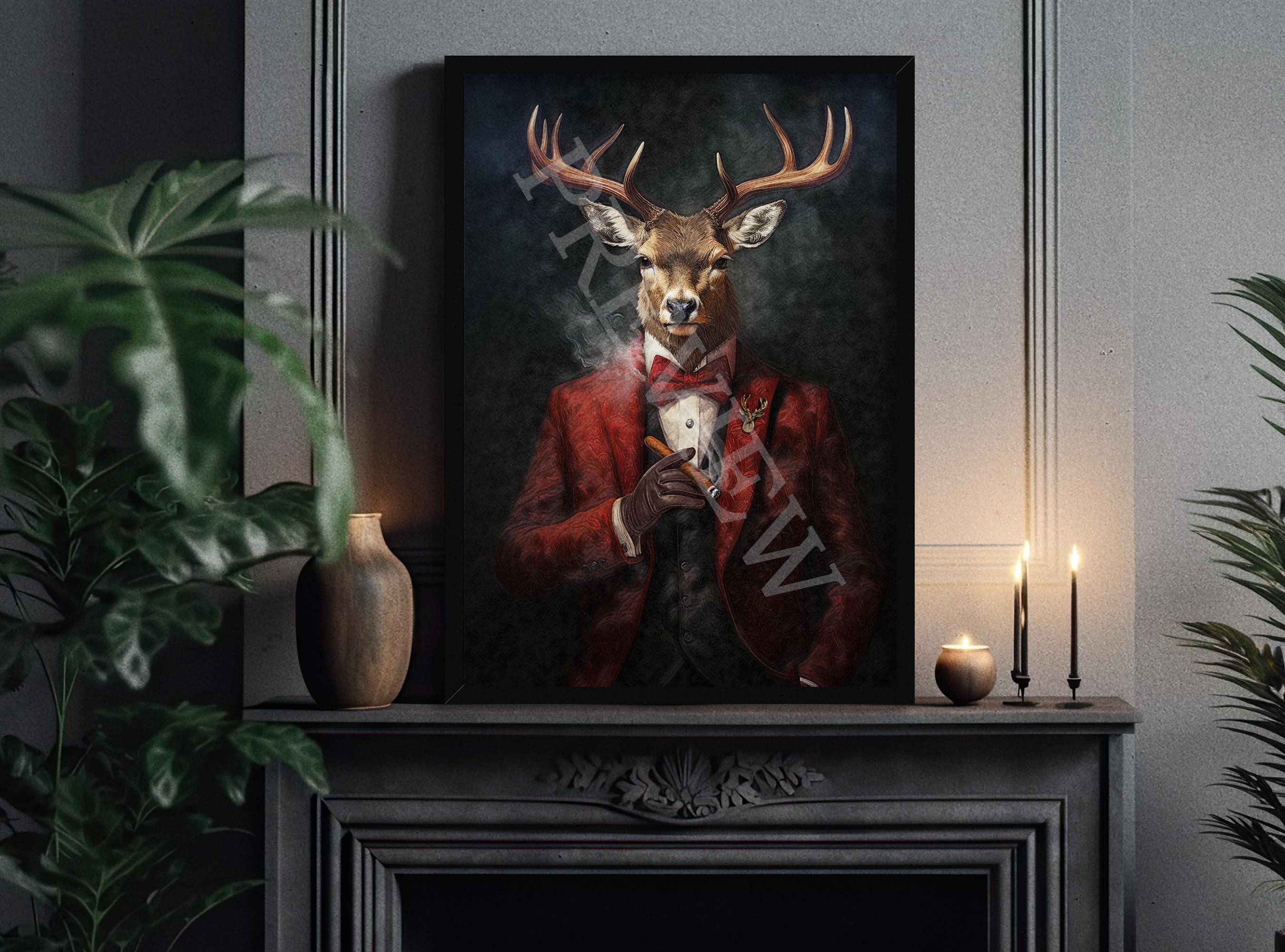 Stag With Cigar Wall Art Print // Vintage Painting Style Portrait of ...