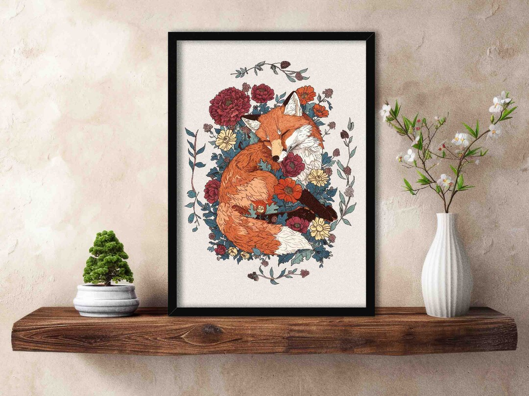 Sleeping Fox Art Print // Vintage Woodblock Japanese Painting Style Red Fox With Flowers in ...