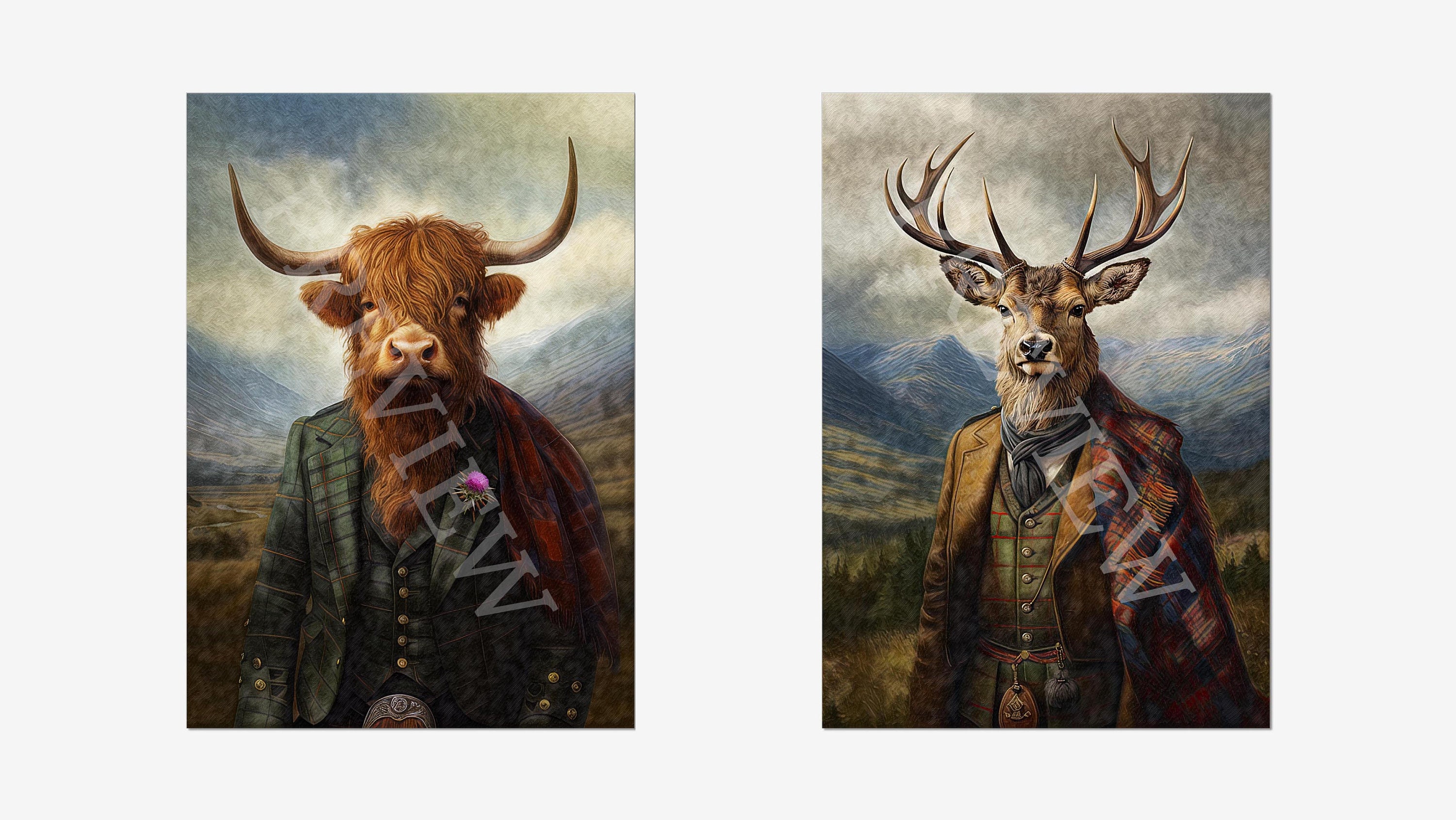Stag & Highland Cow Scottish Wall Art Set - Vintage Victorian Painting ...
