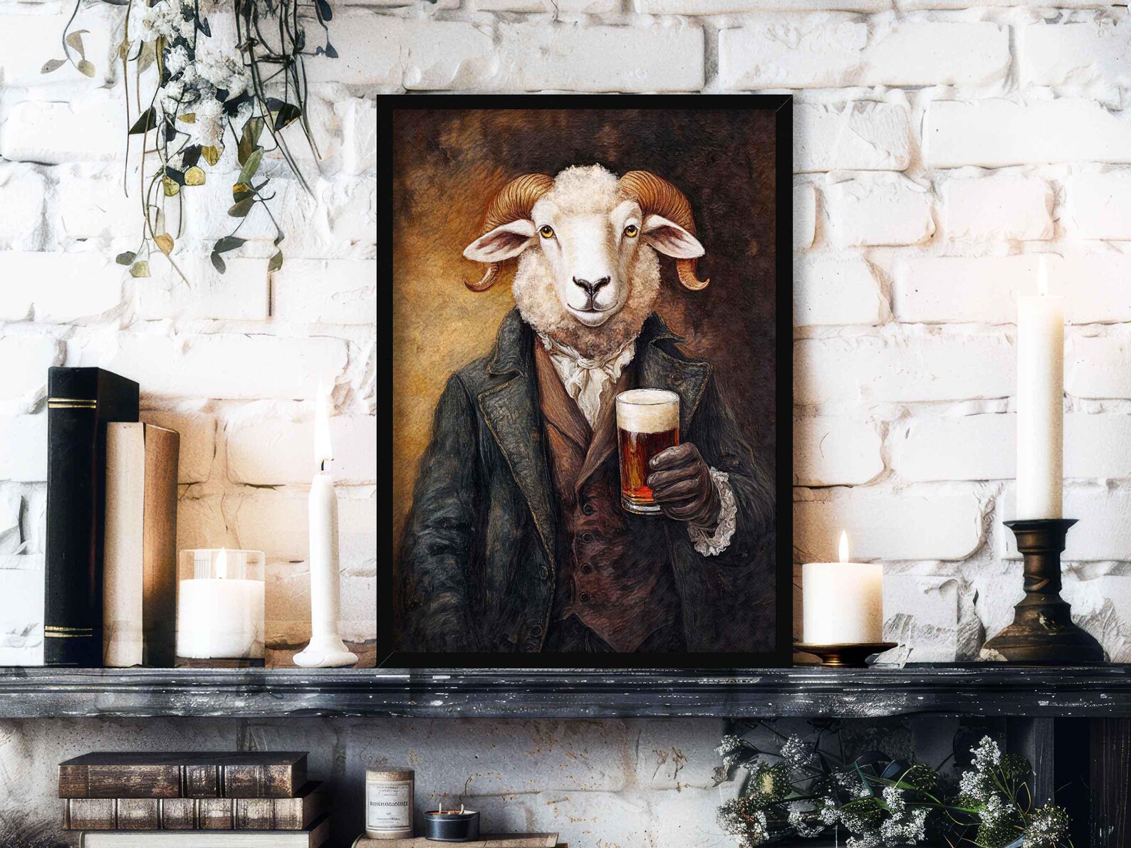 Ram Drinking Beer Wall Art Print // Vintage Painting Style Portrait of ...