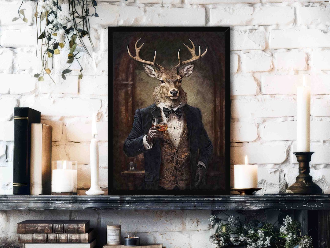 Stag Drinking Whisky Wall Art Print // Vintage Painting Style Portrait ...