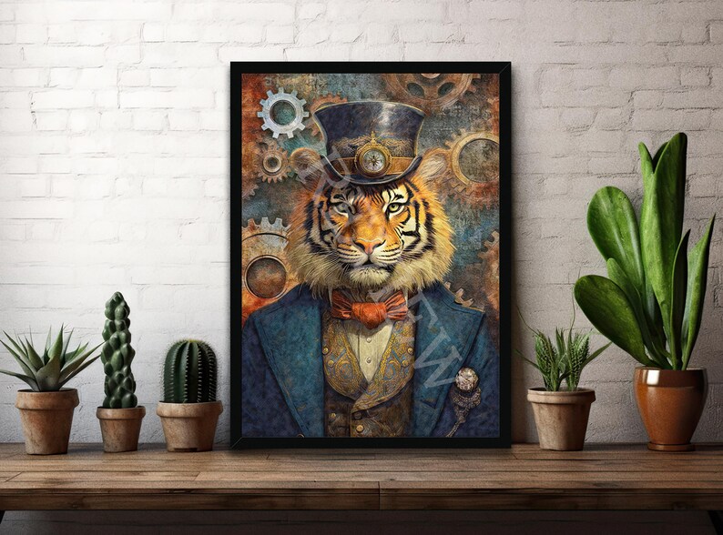 Steampunk Tiger Wall Art Print // Vintage Style Portrait of Big Cat ...
