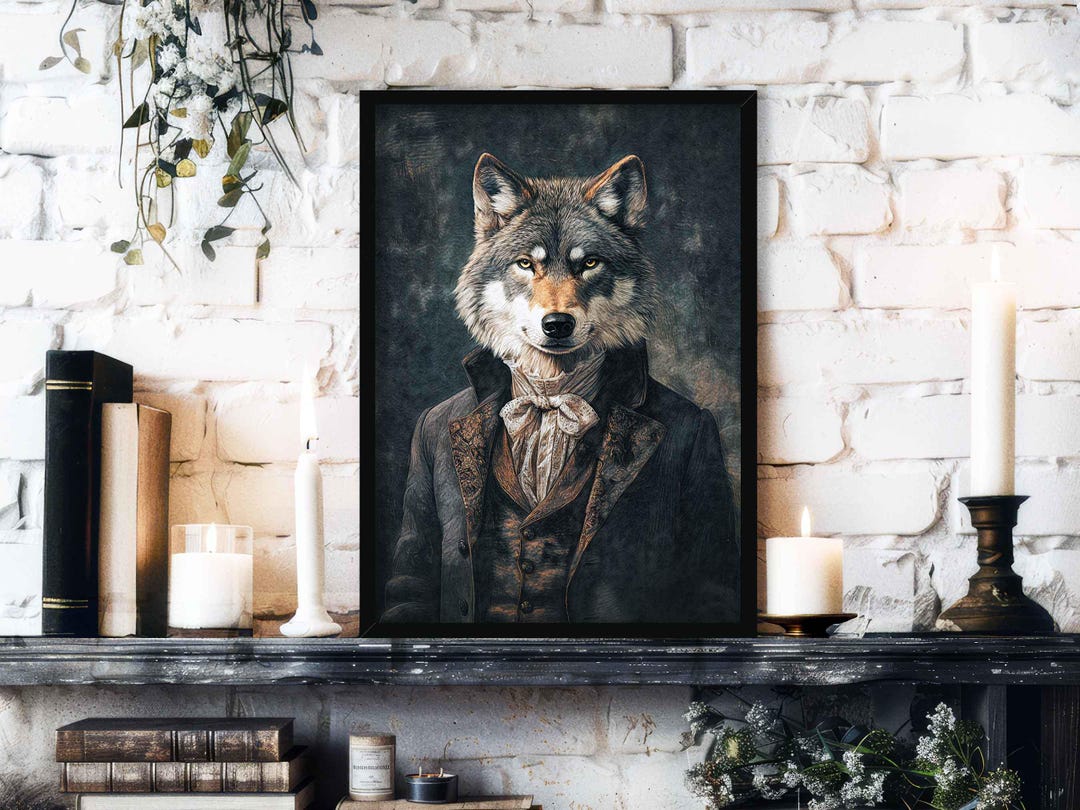 Wolf Gentleman Wall Art Print | Vintage Style Portrait of Wolf Man in ...