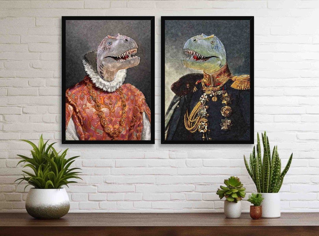 Dinosaur T. Rex Wall Art Set - Vintage Painting Style Portrait of ...