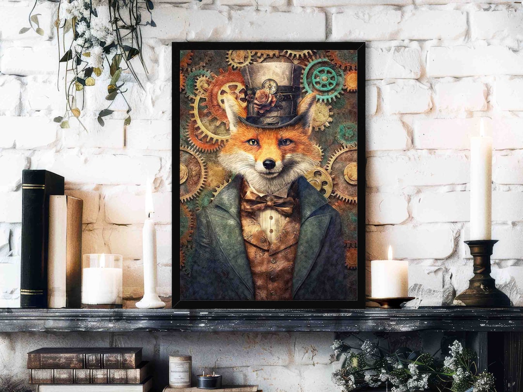 Steampunk Fox Wall Art Print // Vintage Style Portrait of Gentleman Fox ...
