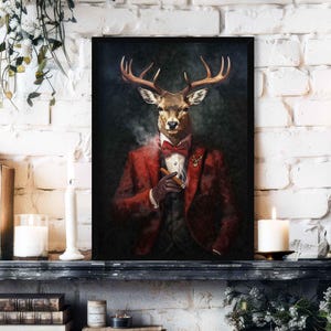 Stag With Cigar Wall Art Print // Vintage Painting Style Portrait of ...