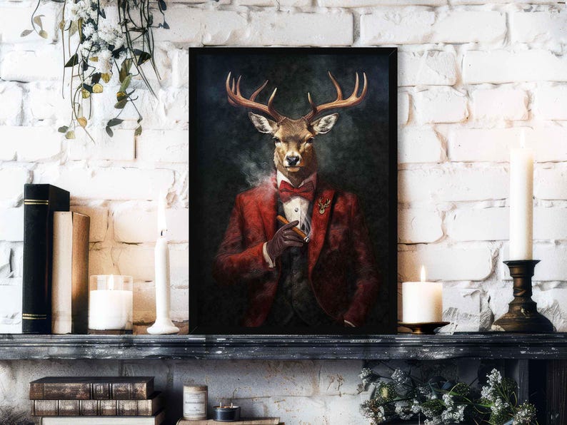 Stag With Cigar Wall Art Print // Vintage Painting Style Portrait of ...