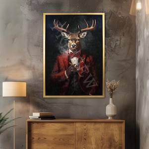 Stag With Cigar Wall Art Print // Vintage Painting Style Portrait of ...