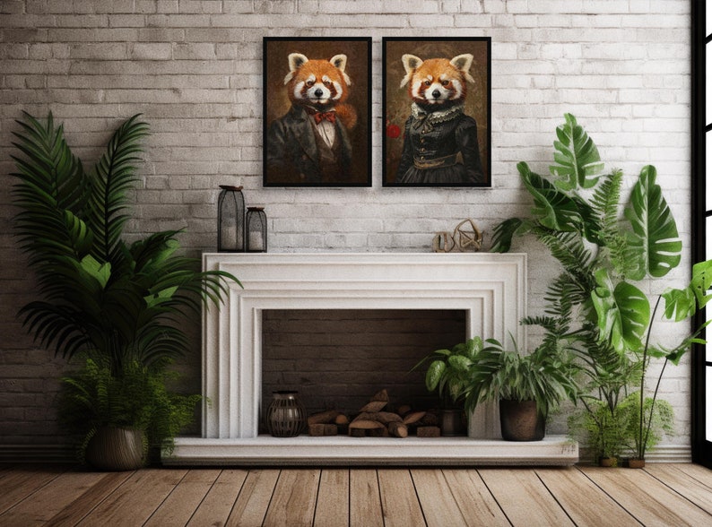 Red Panda Wall Art Set - Vintage Painting Style Portraits of Man & Lady ...