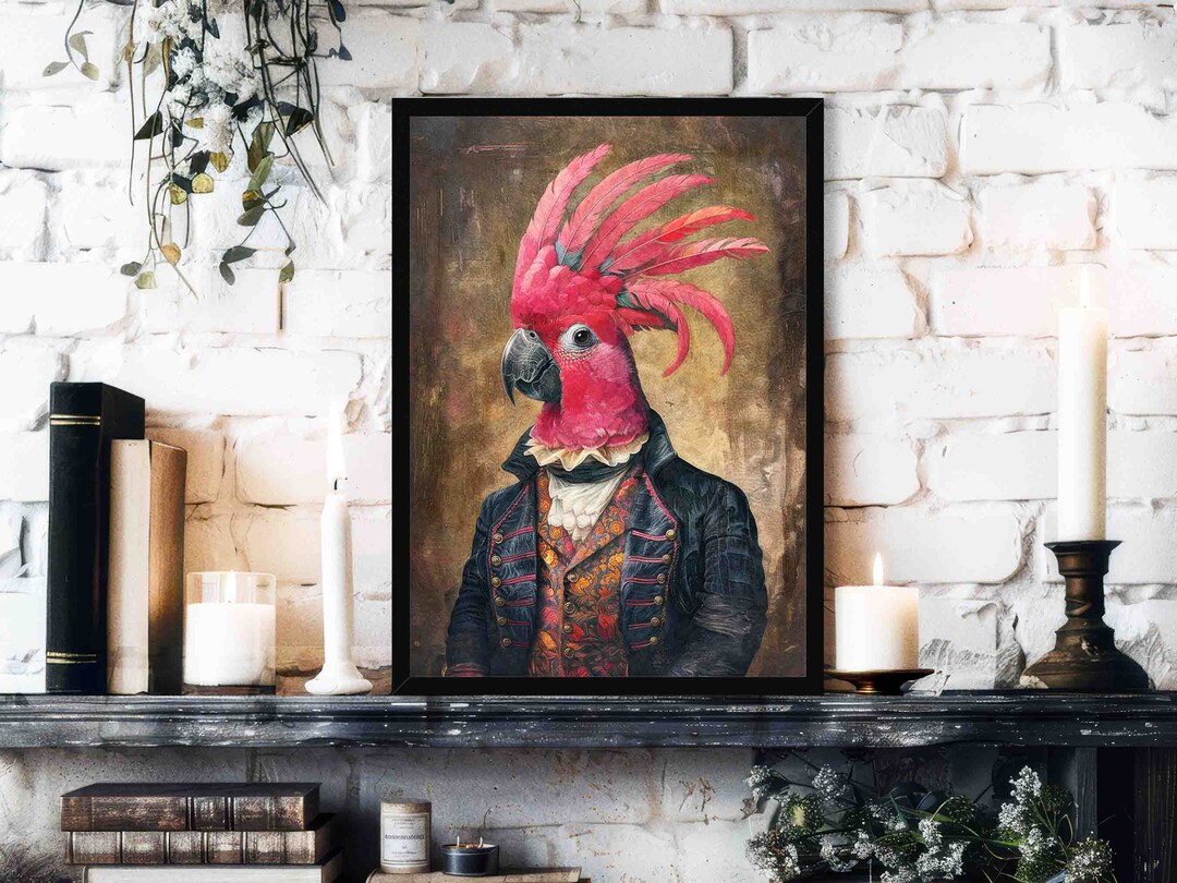 Pink Parrot Wall Art Print // Vintage Painting Style Portrait of ...