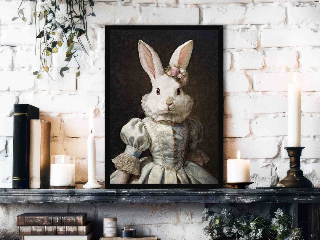 Rabbit Wall Art Print // Vintage Painting Style Portrait of Cute White ...