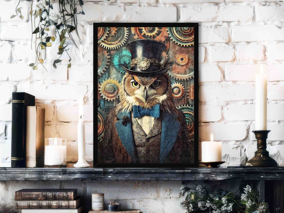 Steampunk Owl Wall Art Print // Vintage Style Portrait of Gentleman ...