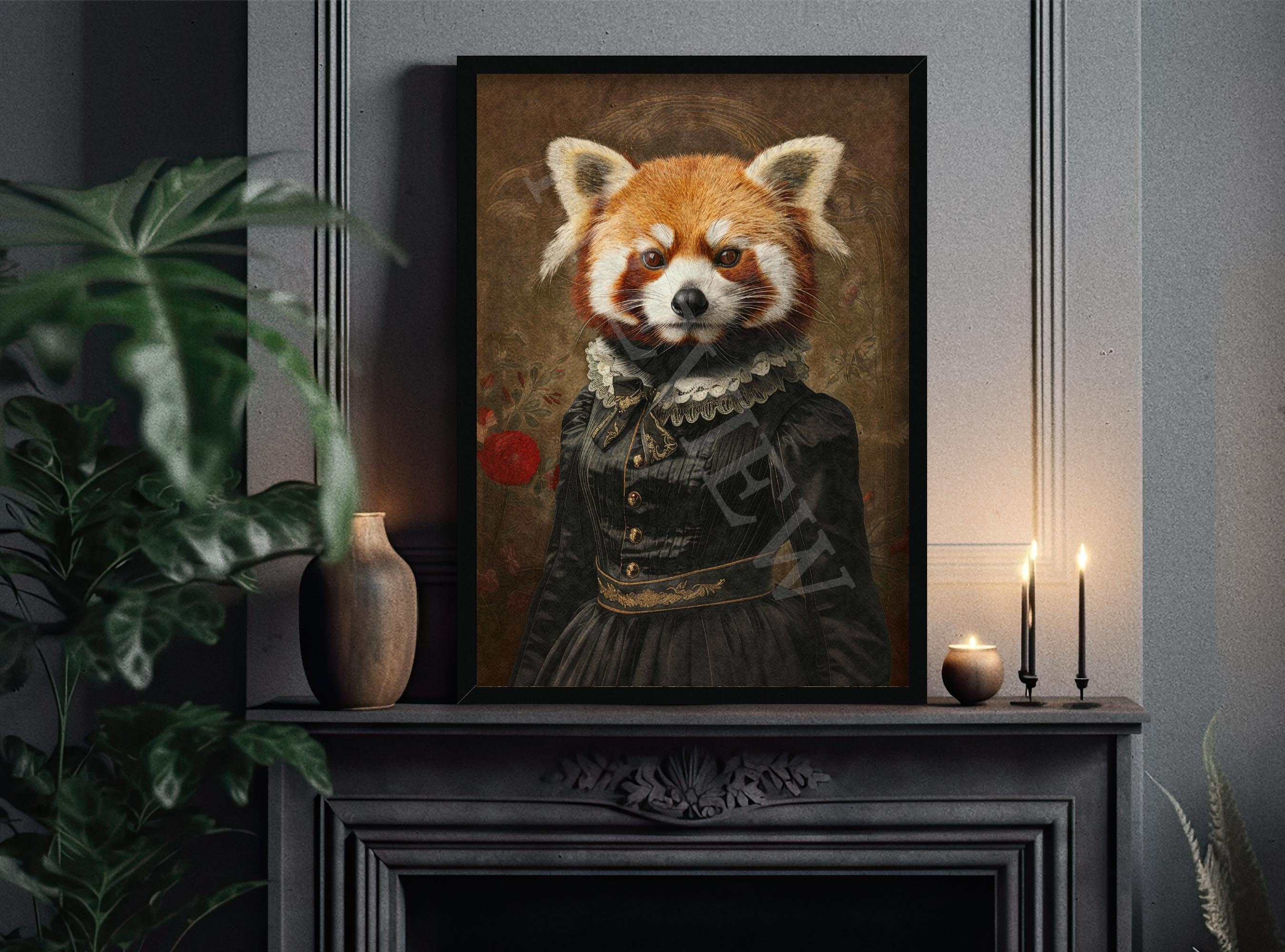Red Panda Lady Wall Art Print // Vintage Painting Style Portrait of ...