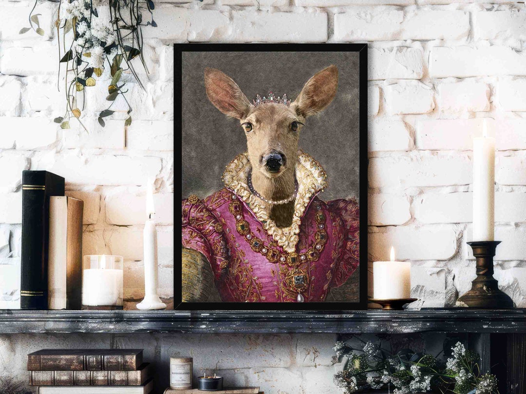 Deer Queen Wall Art Print // Vintage Painting Style Portrait of Regal ...