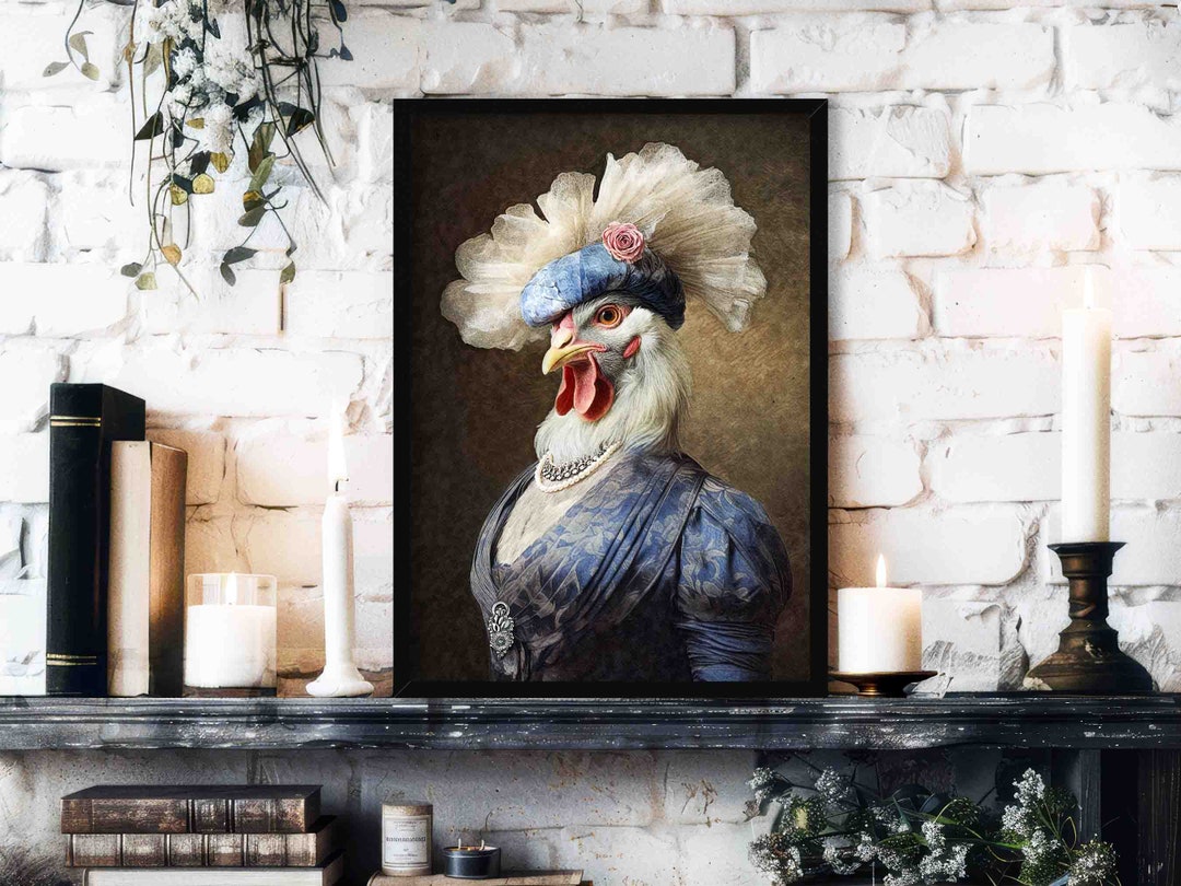 Chicken Lady Wall Art Print // Vintage Painting Style Portrait of Bird ...