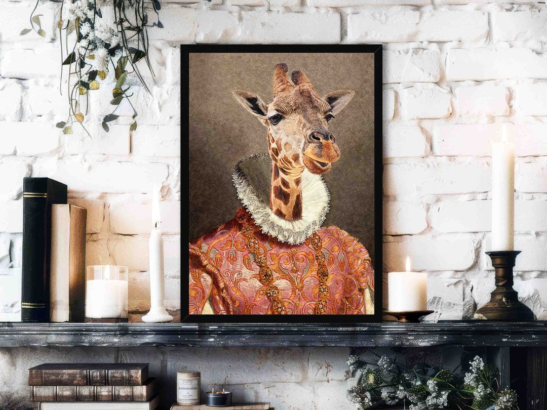 Giraffe Wall Art Print // Vintage Painting Style Portrait of Lady ...