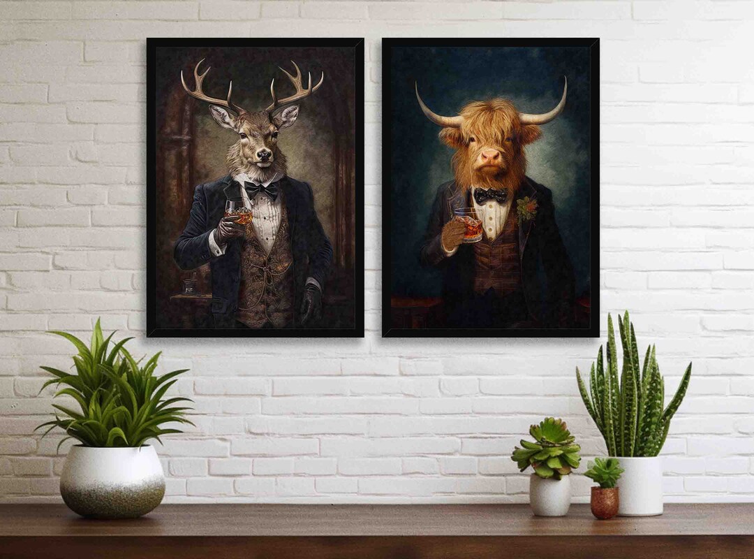 Stag & Highland Cow Drinking Whisky Wall Art Set - Vintage Victorian ...