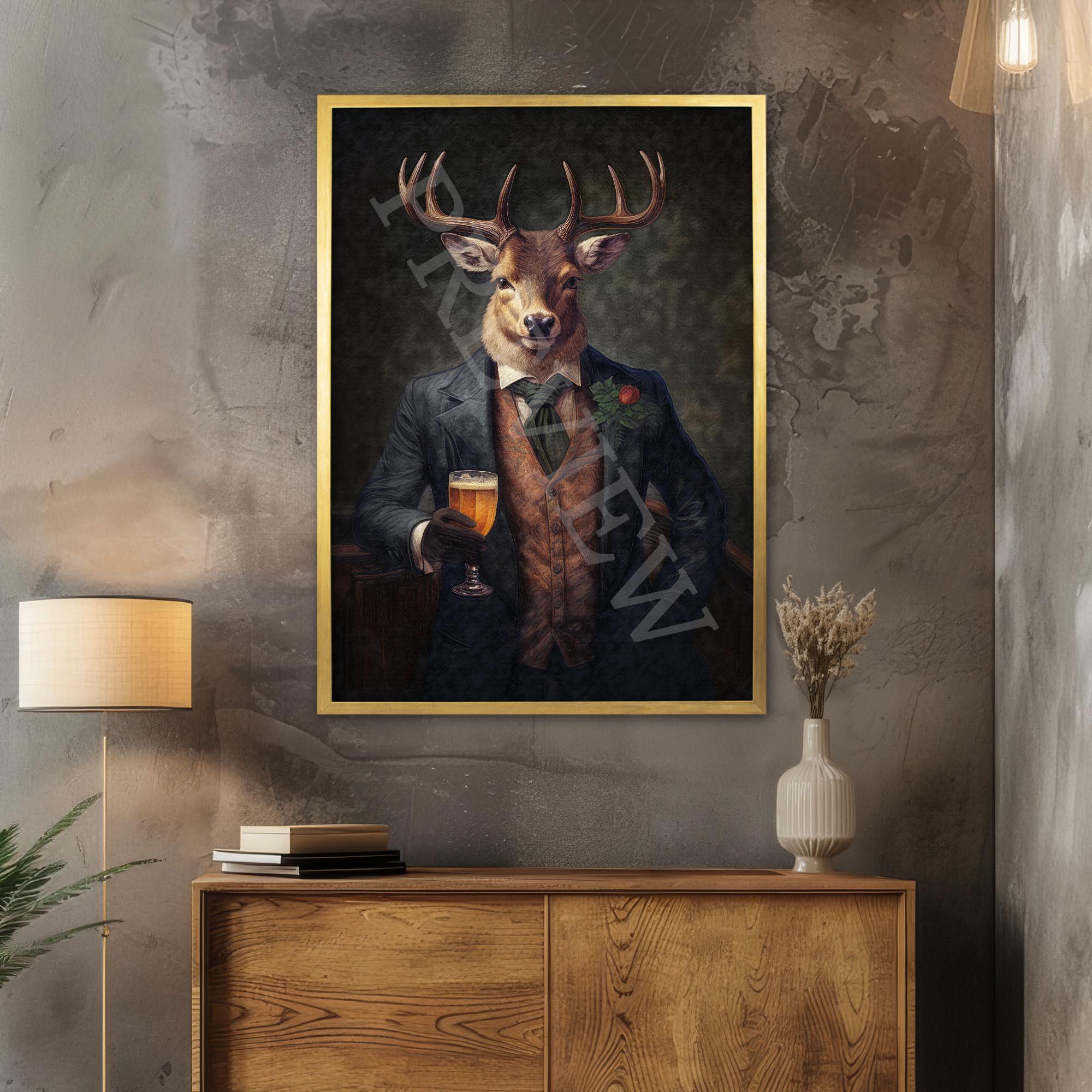 Stag Drinking Beer Wall Art Print // Vintage Painting Style Portrait of ...