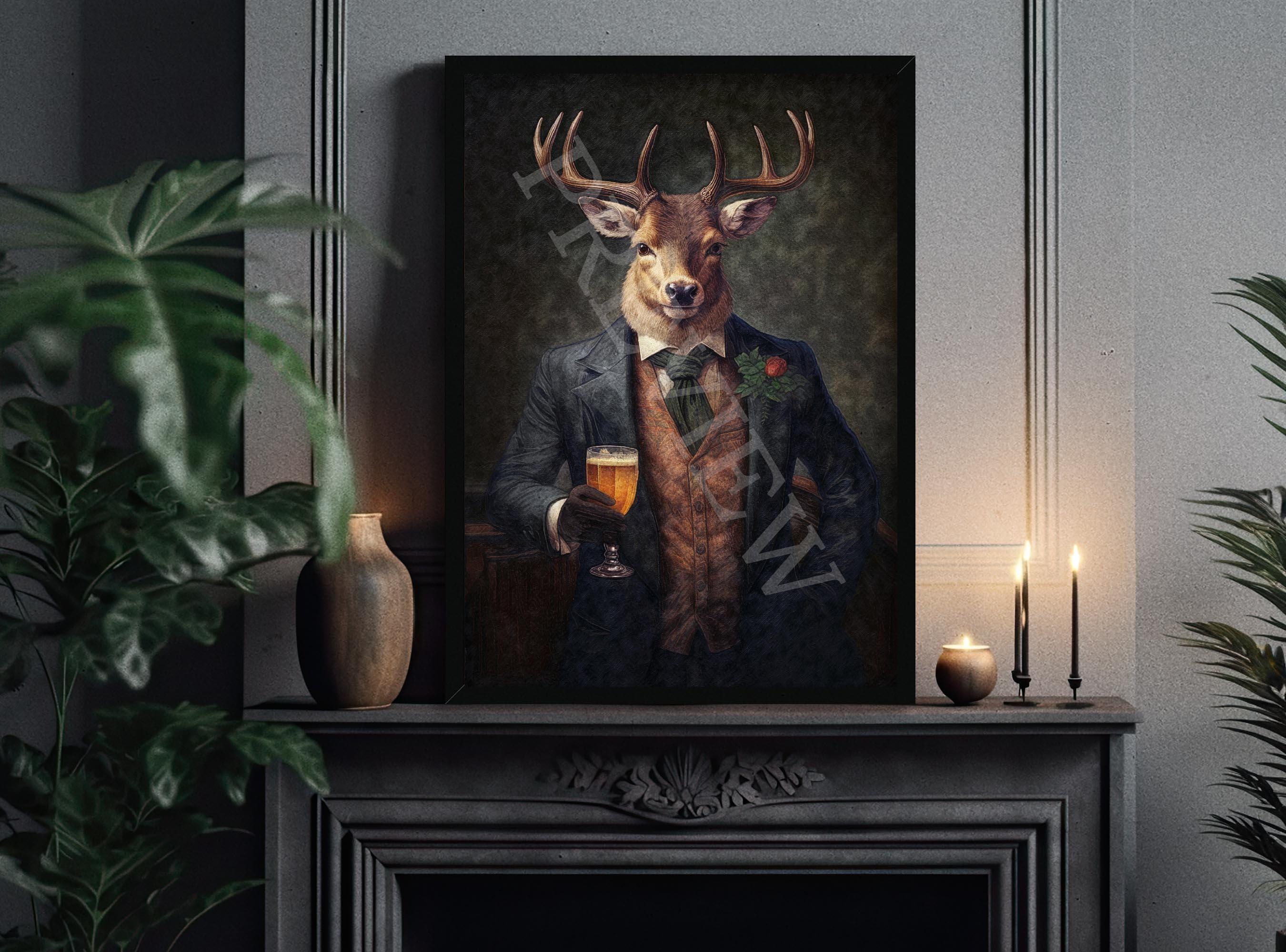 Stag Drinking Beer Wall Art Print // Vintage Painting Style Portrait of ...