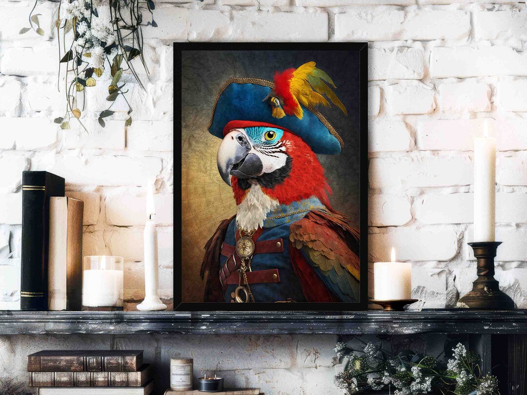 Parrot Pirate Wall Art Print // Vintage Style Portrait of Colourful Red ...