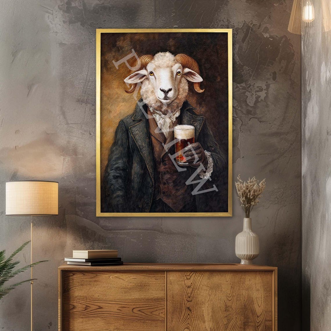 Ram Drinking Beer Wall Art Print // Vintage Painting Style Portrait of ...