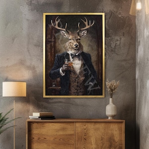 Stag Drinking Whisky Wall Art Print // Vintage Painting Style Portrait ...