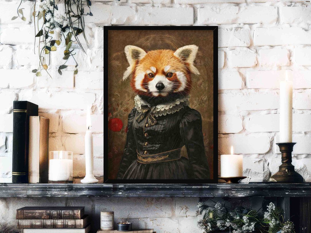 Red Panda Lady Wall Art Print // Vintage Painting Style Portrait of ...