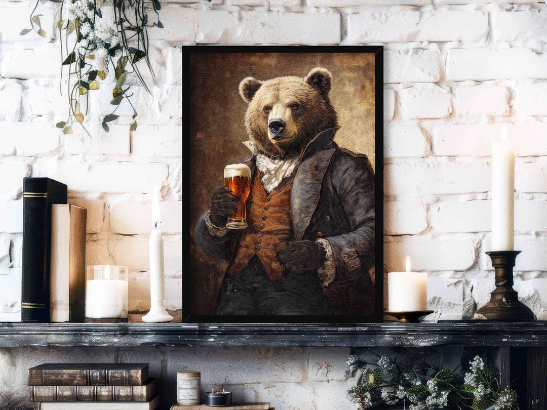 Bear Drinking Beer Wall Art Print: Vintage Painting Style Portrait of ...
