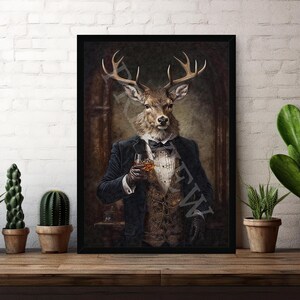 Stag Drinking Whisky Wall Art Print // Vintage Painting Style Portrait ...