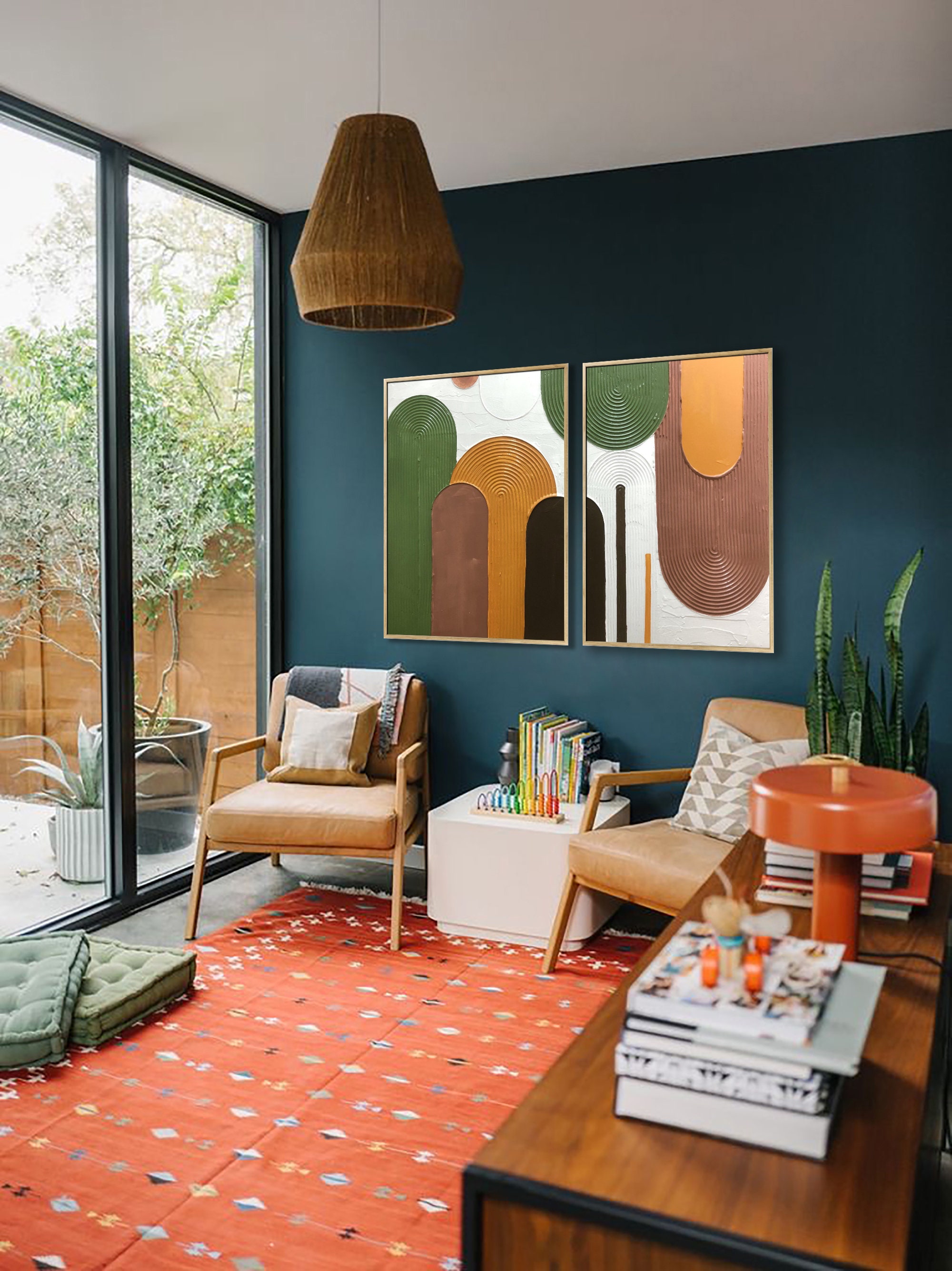 Green Orange Arched Geometric Art Set of 2, Arched Plaster Art, Boho ...