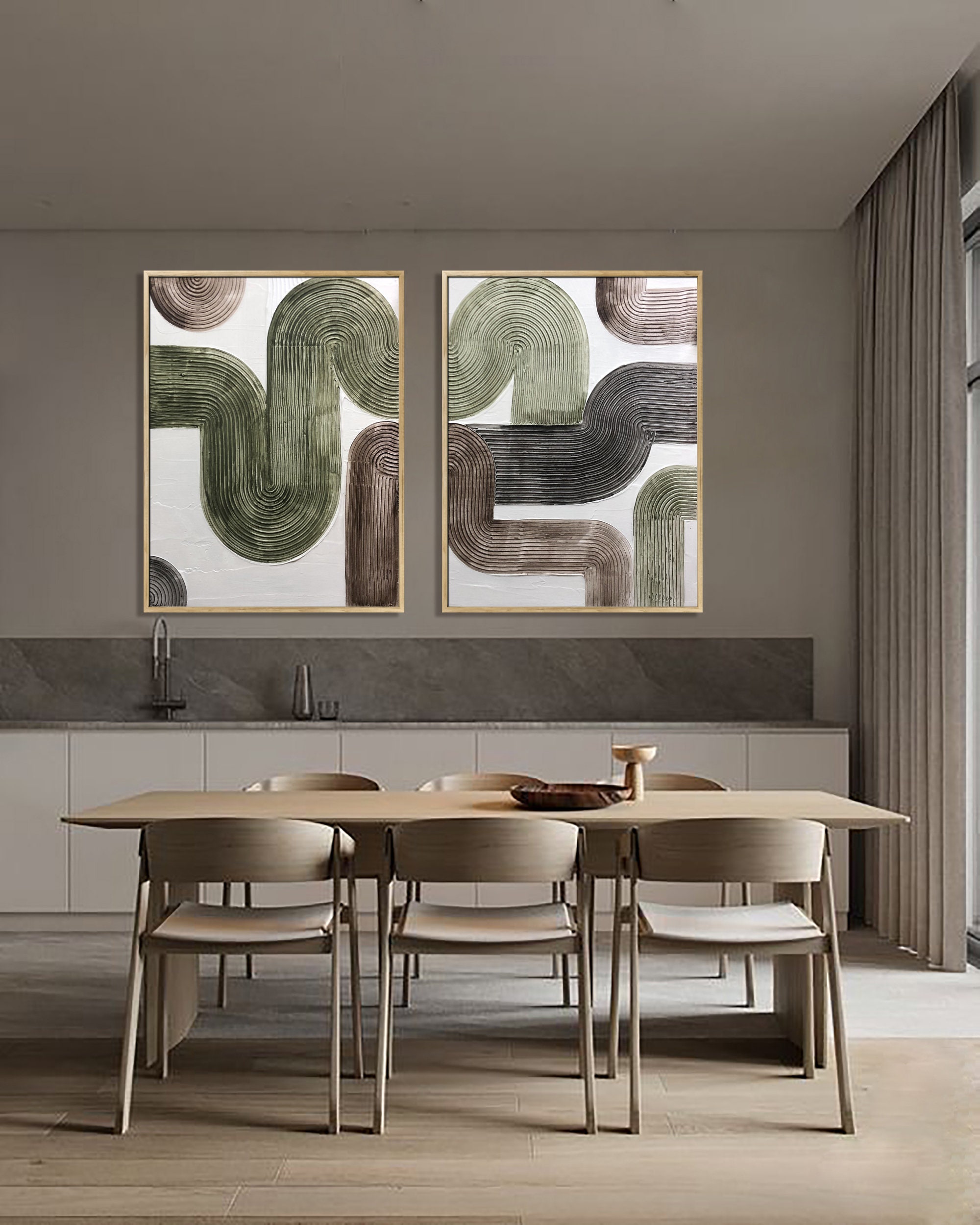 Olive Green and Light Brown Geometric Art Set 2, Arched Plaster Art ...