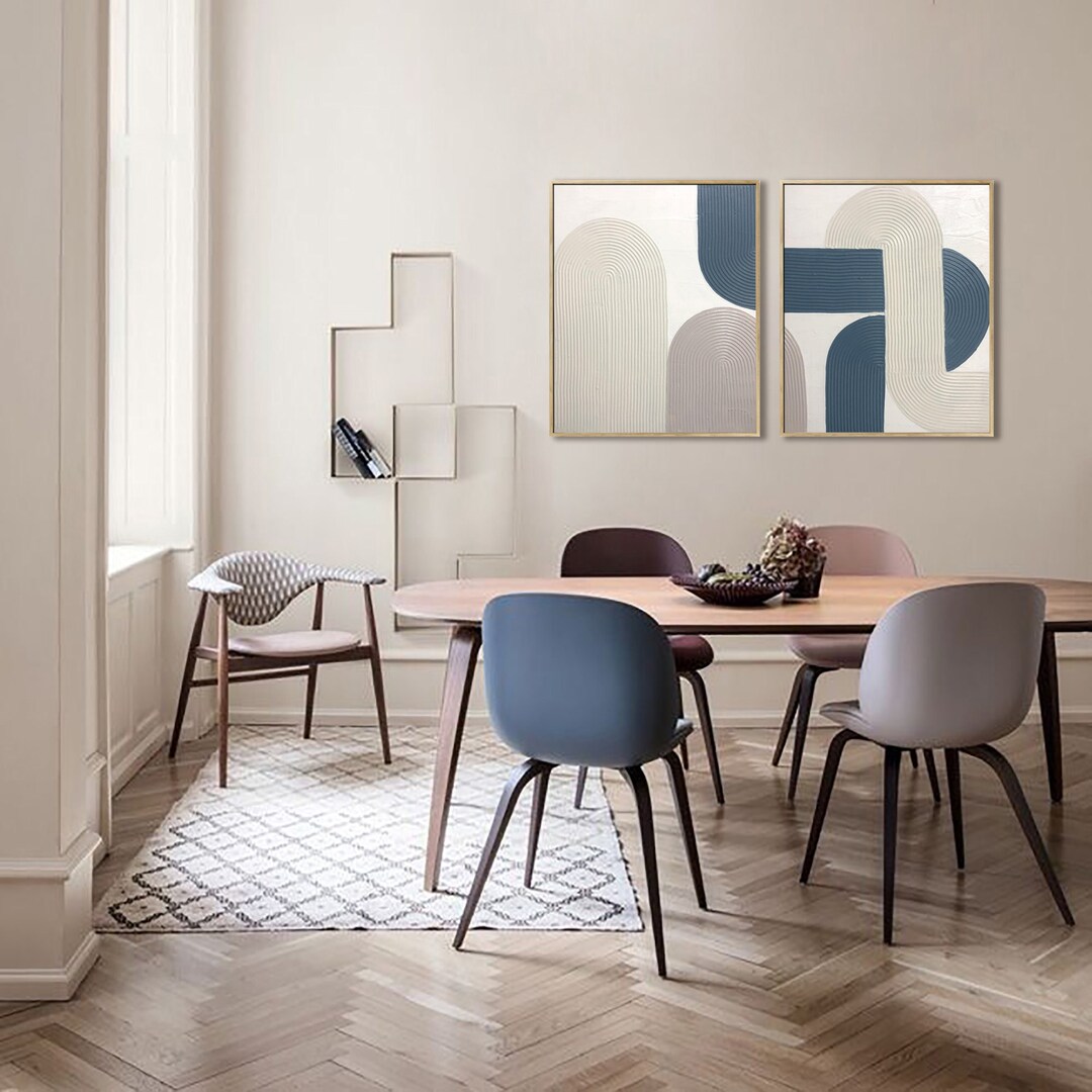 Navy Blue and Grey Geometric Art Set 2, Arched Plaster Art, Bohemian ...