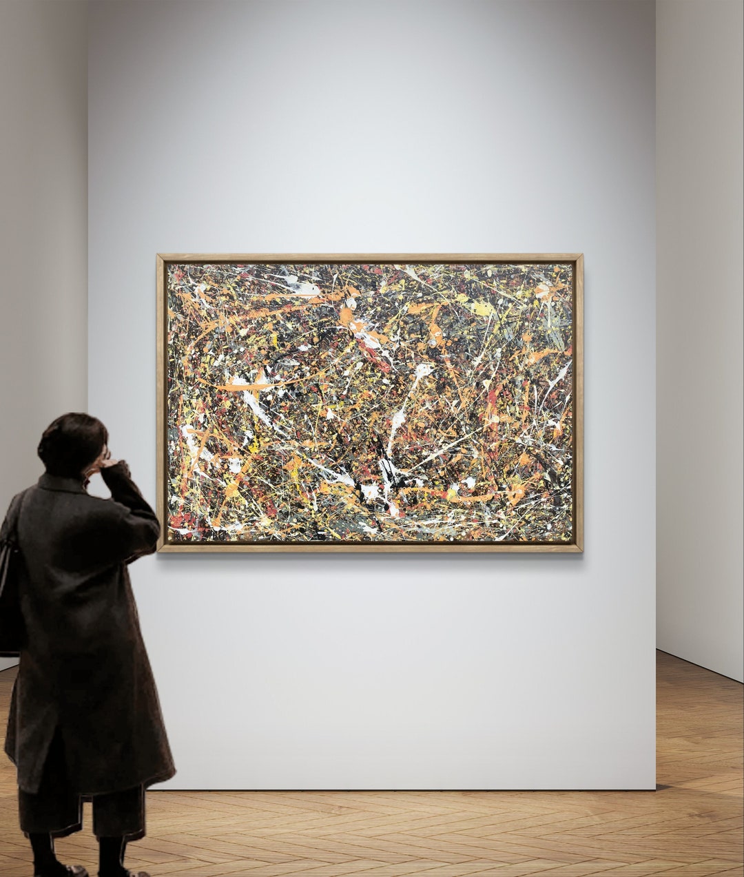 Contemporary Abstract Canvas, Jackson Pollock Style Gold White and ...