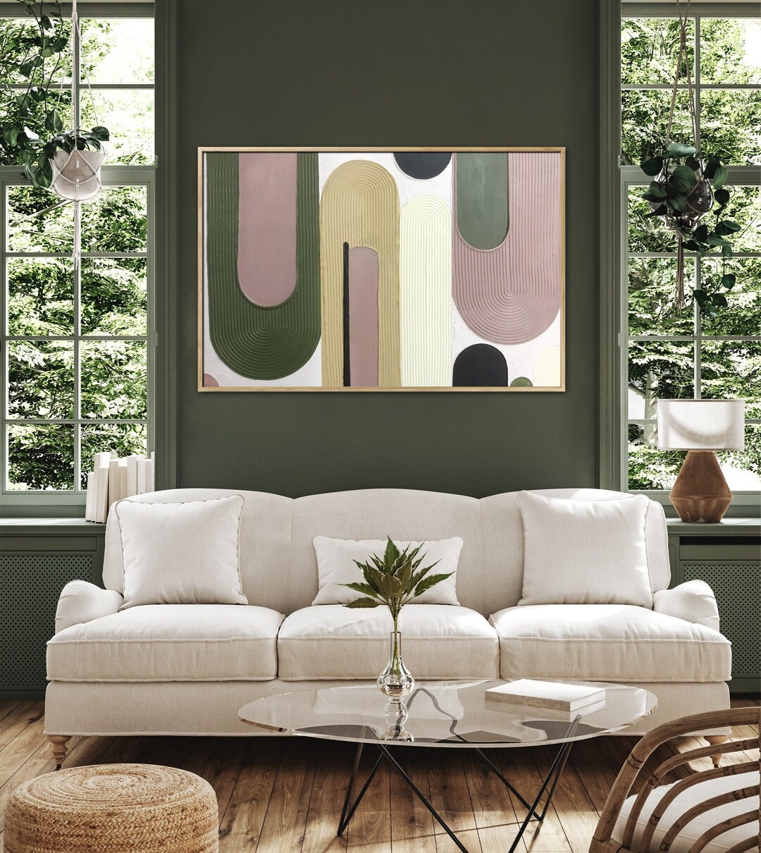 Green Light Brown Geometric Plaster Wall Art, Arched Plaster Art, Boho ...