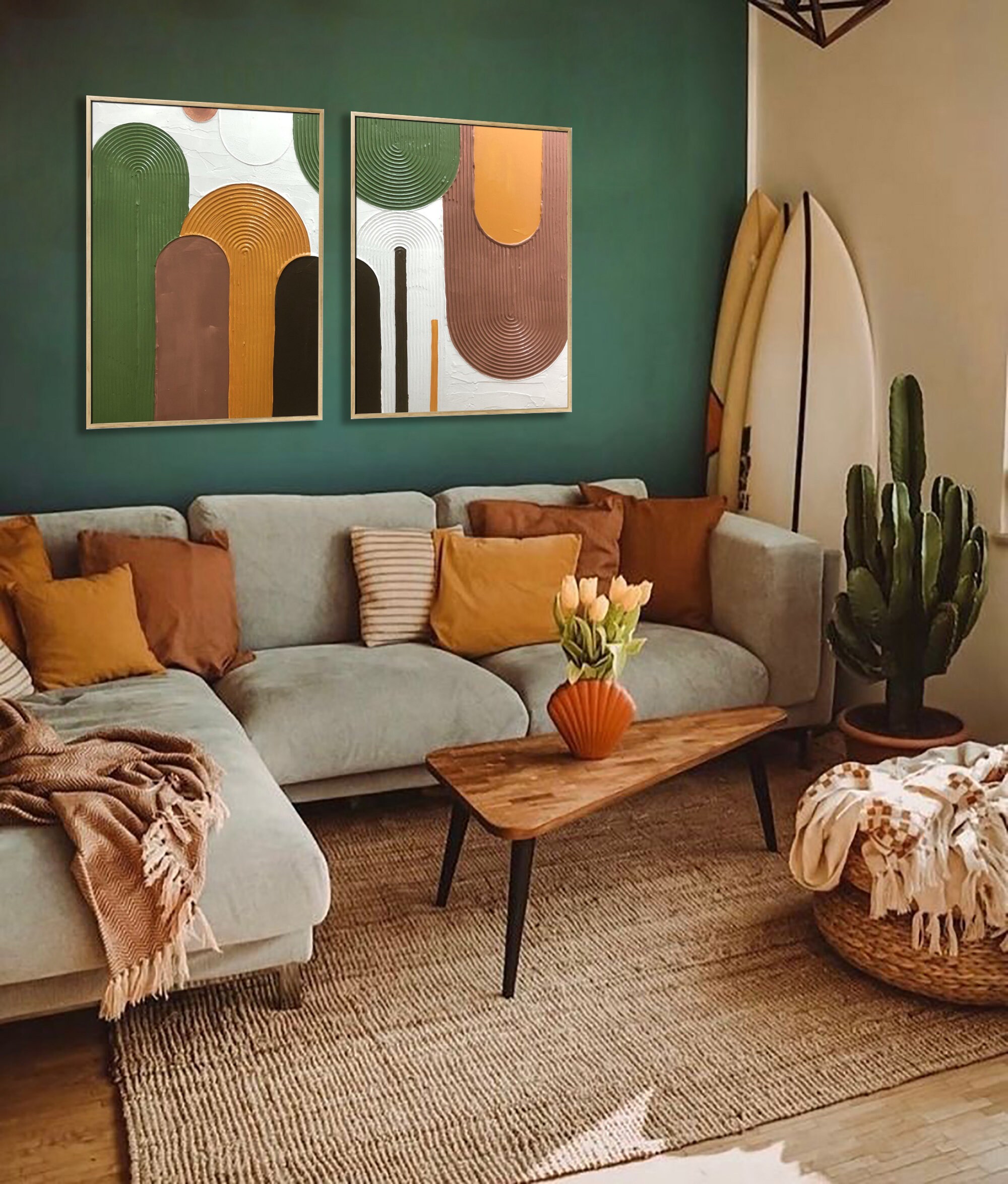 Green Orange Arched Geometric Art Set of 2, Arched Plaster Art, Boho ...