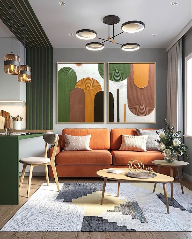 Green Orange Arched Geometric Art Set of 2, Arched Plaster Art, Boho ...