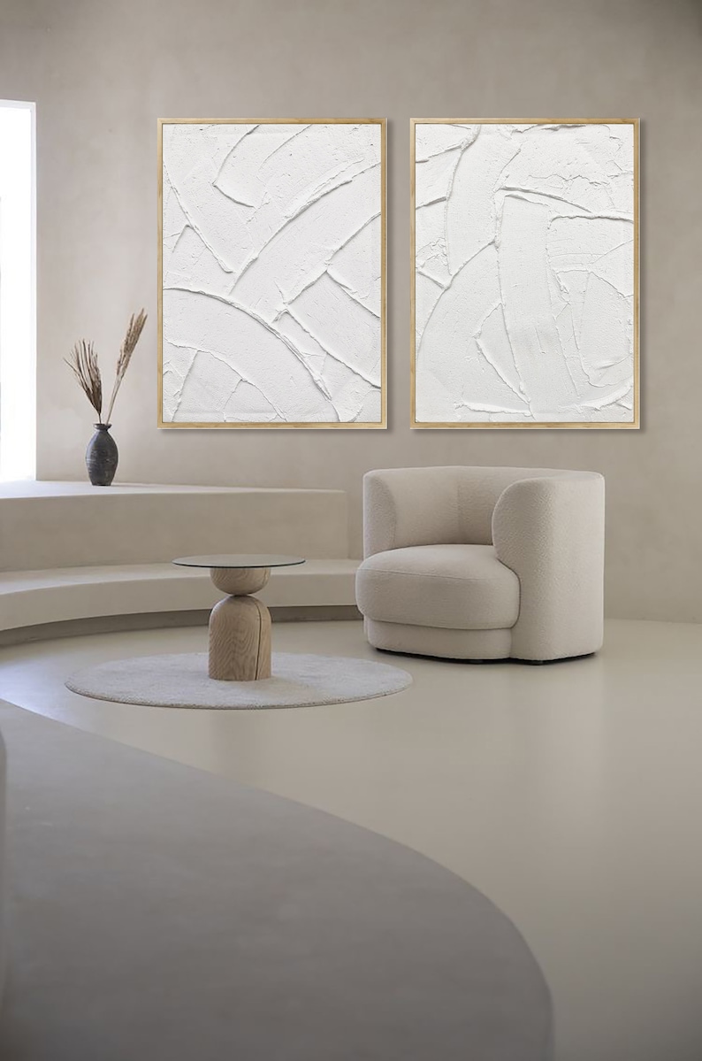 Set of 2 Large Nordic White Abstract, White 3D Texture Painting, White ...