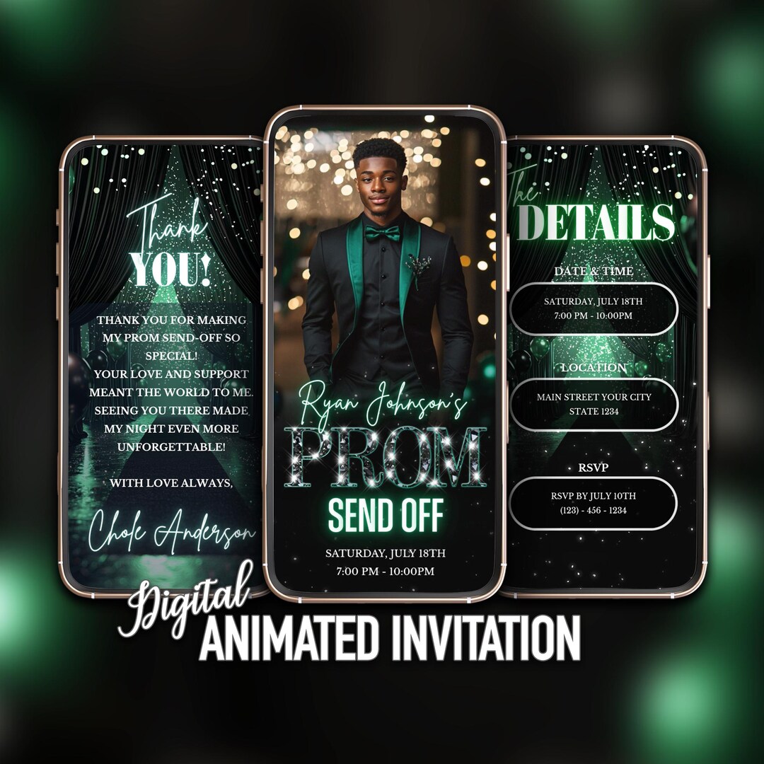 Emerald Green Men’s Prom Send off Invitation, Editable Prom Party ...
